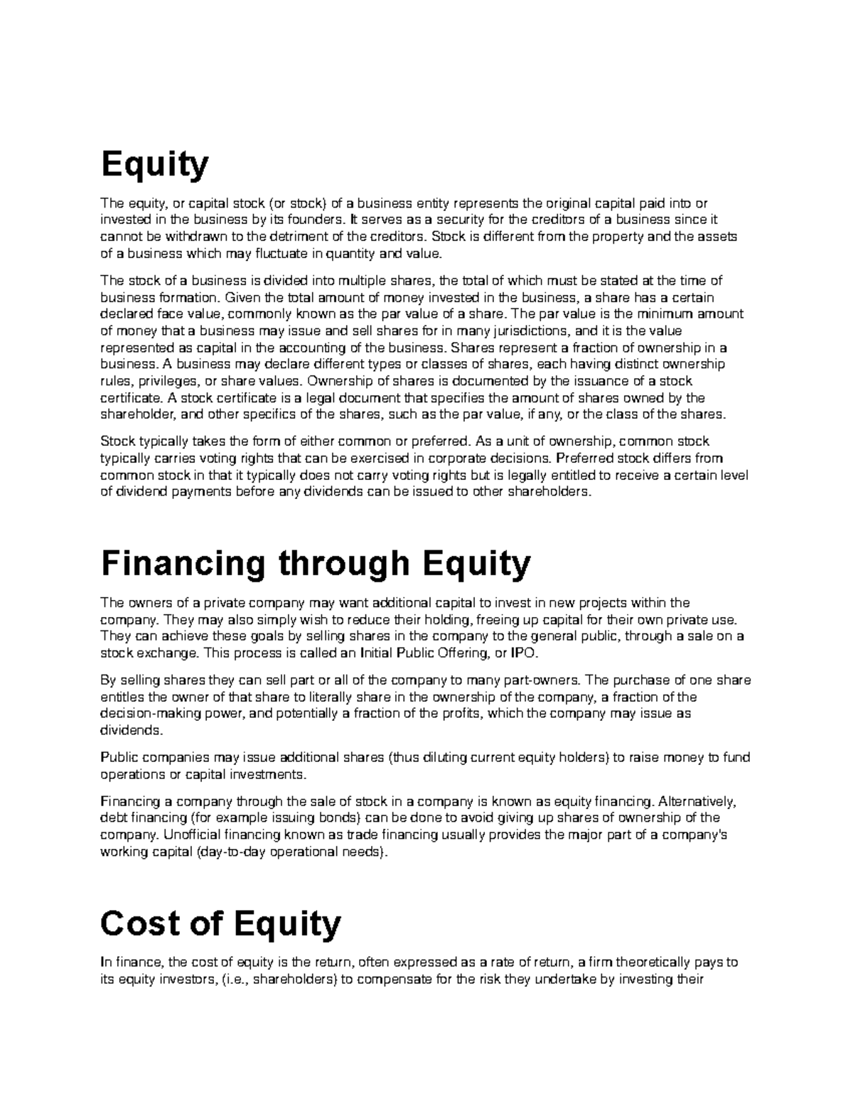 Equity Finance - Equity The equity, or capital stock (or stock) of a ...