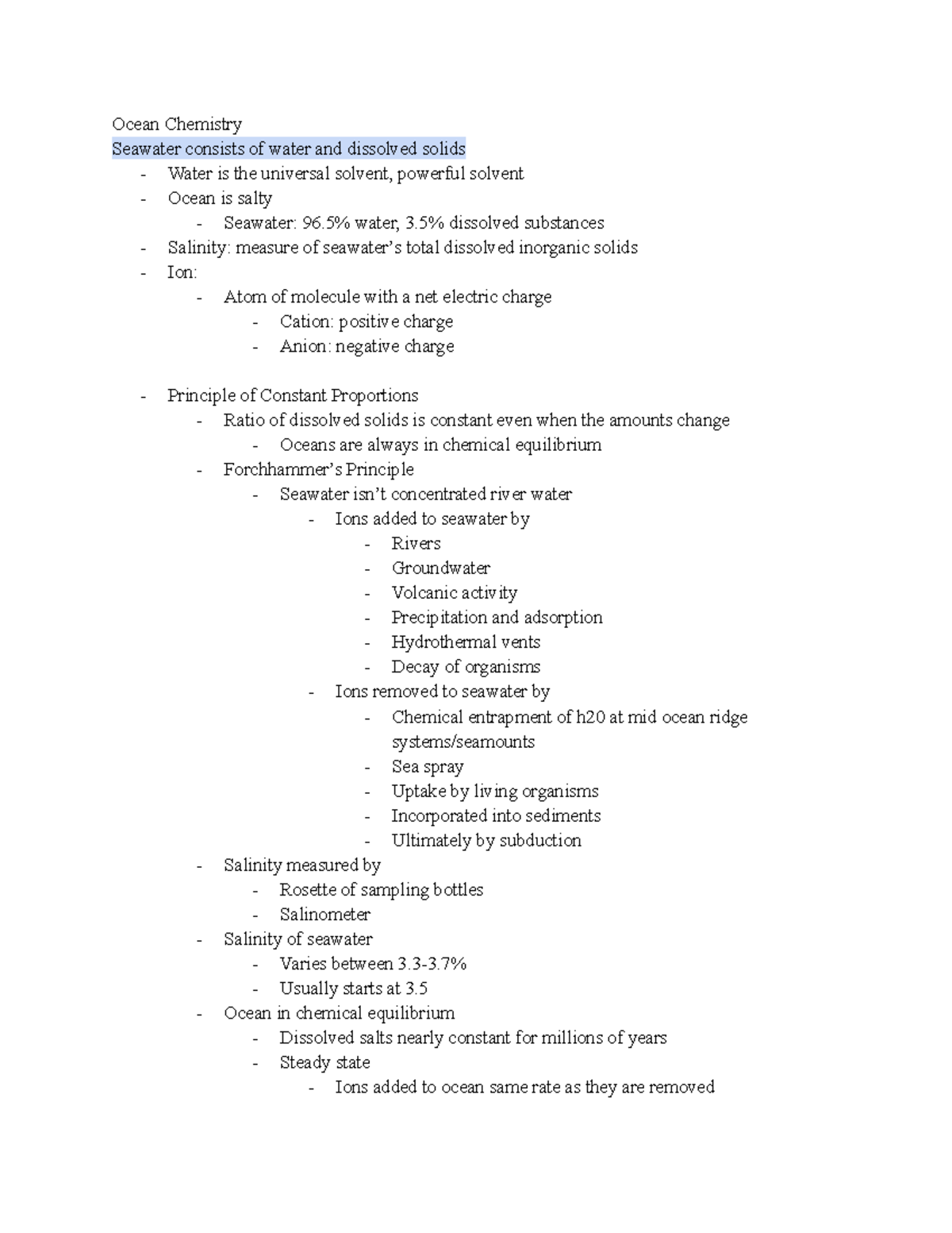 Ocean Chemistry - Lecture notes for Professor Ursula - Ocean Chemistry ...