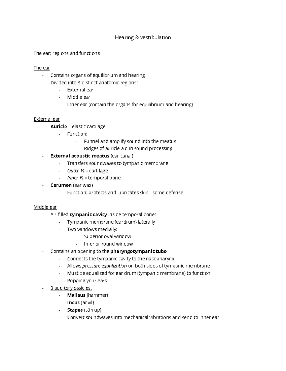 Module 22 lecture notes - Hearing & vestibulation The ear: regions and ...