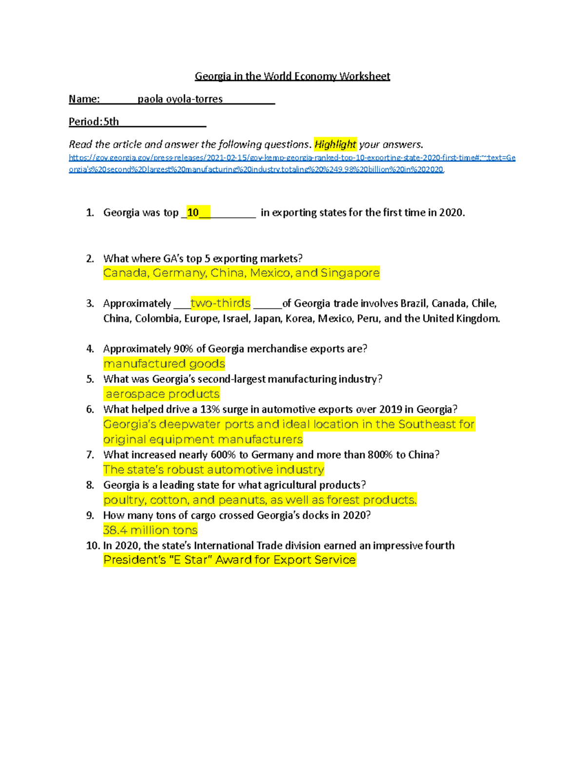 Georgia in the World Economy Worksheet 1 - Highlight your answers ...