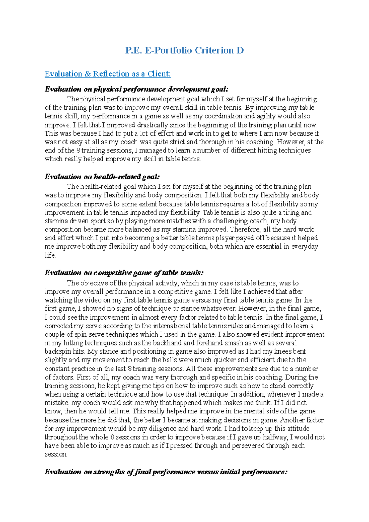 P.E. E-Portfolio Criterion D - P. E-Portfolio Criterion D Evaluation & Reflection as a Client ...