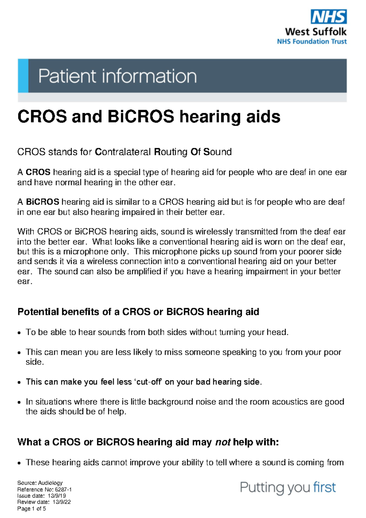 CROS and Bi CROS Hearing Aids - Source: Audiology Reference No: 6287 ...