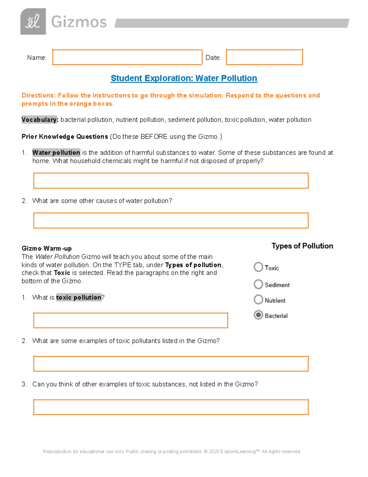 Water Pollution SE - Name: Date: Student Exploration: Water Pollution ...