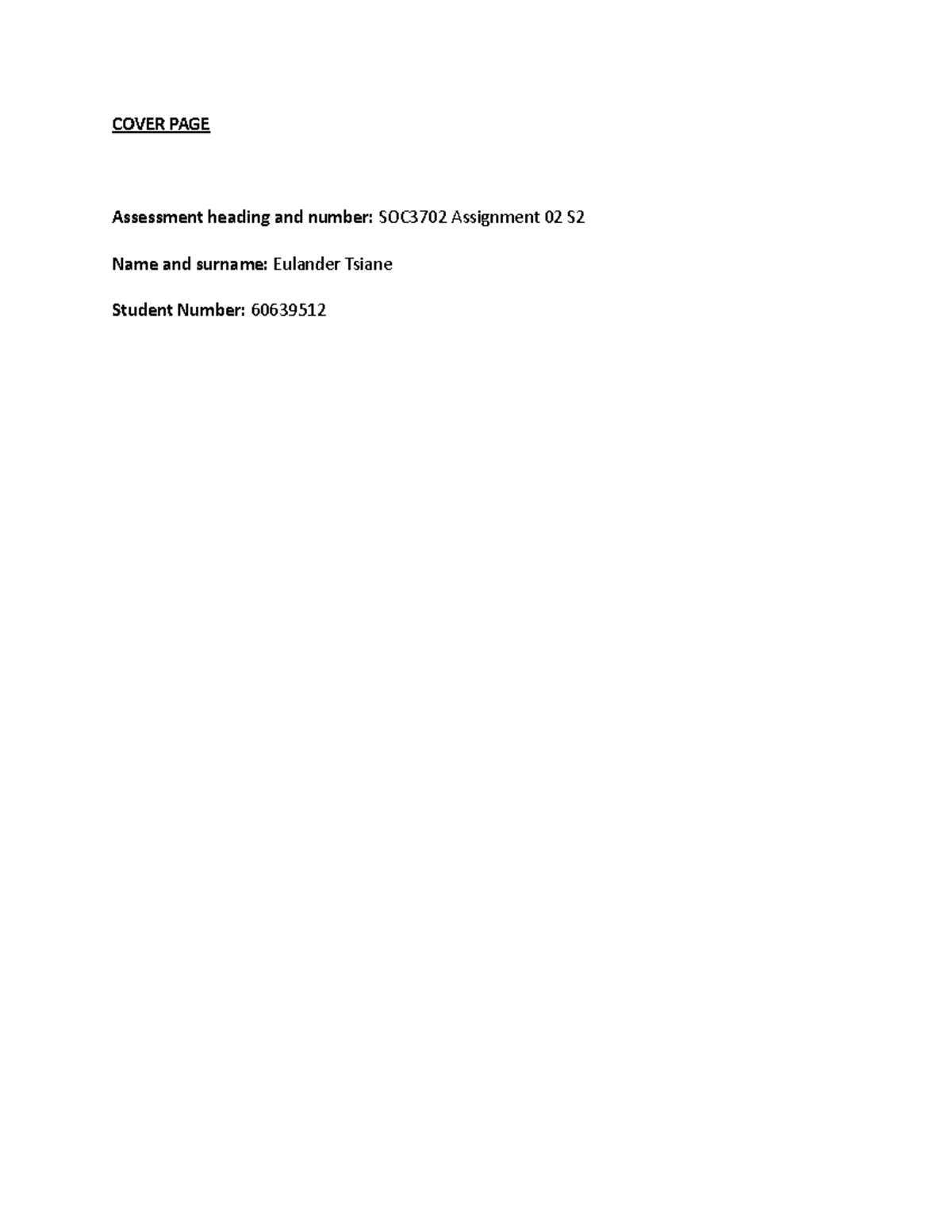 SOC3702 Assignment 02 S2 60639512 - COVER PAGE Assessment heading and ...
