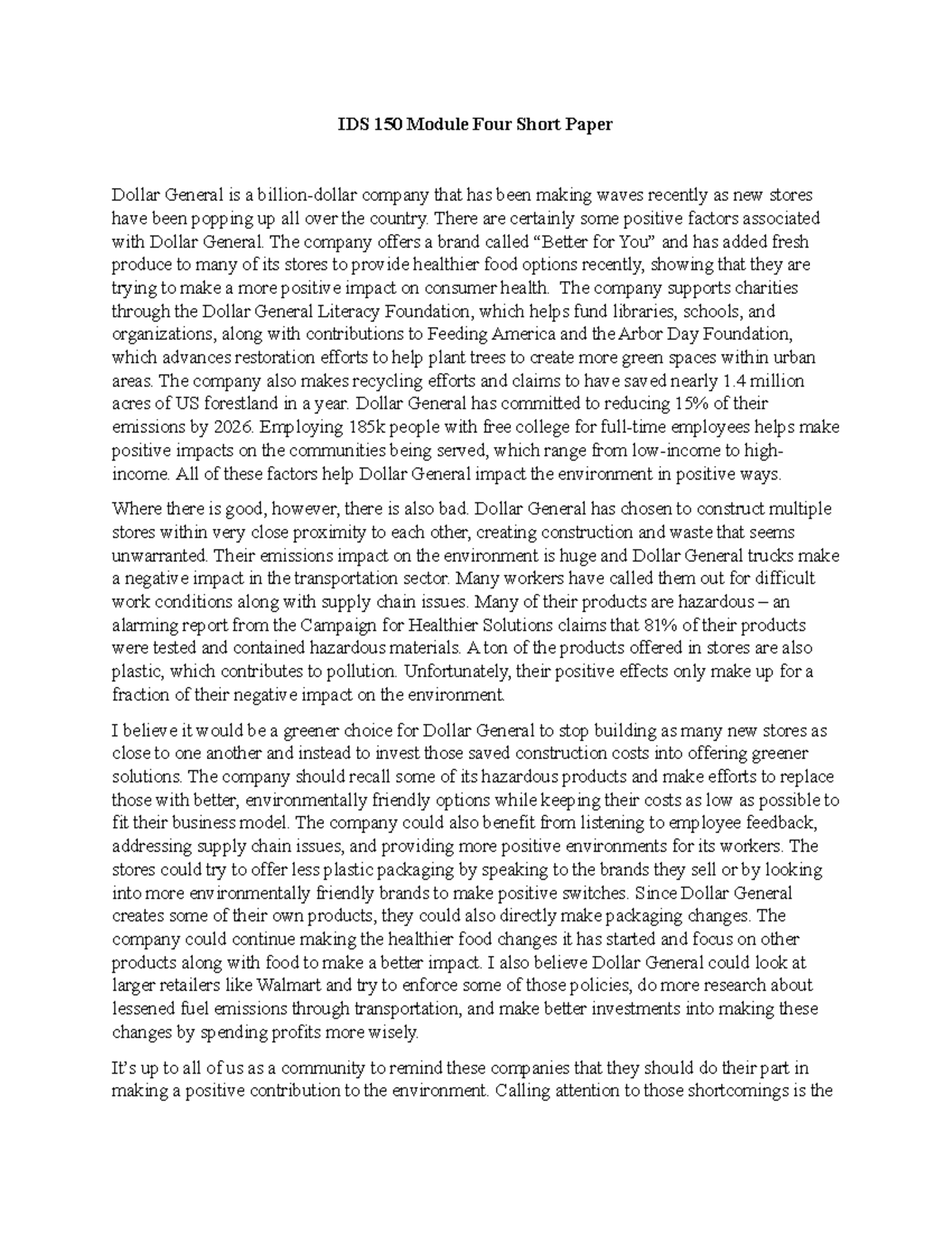 IDS Module Four Heaven Gill - IDS 150 Module Four Short Paper Dollar ...