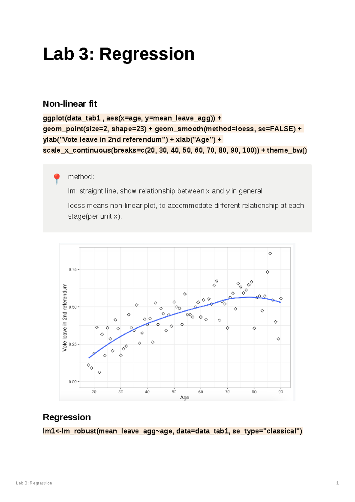Lab 3 Regression - Lab 3: Regression Non-linear fit ggplot(data_tab1 , aes(x=age, y=mean_leave ...