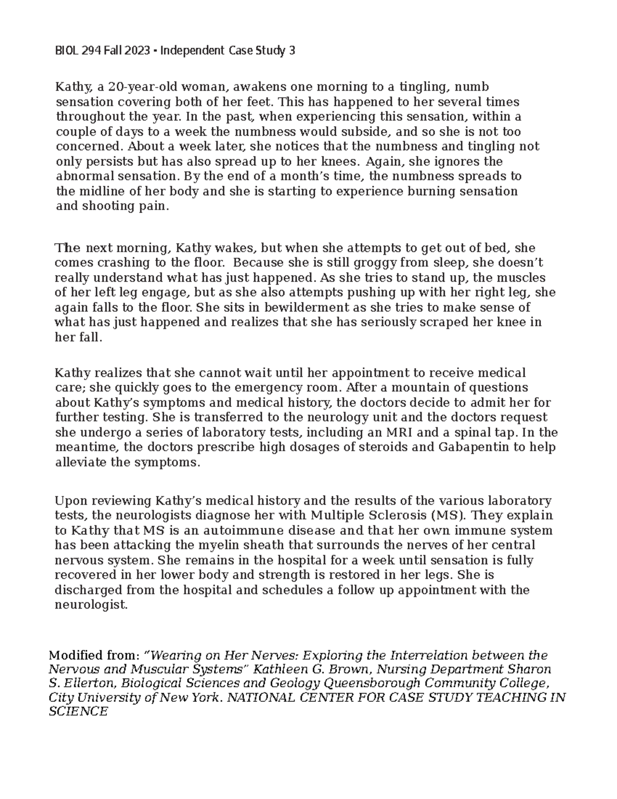 Individual case study - BIOL 294 Fall 2023 - Independent Case Study 3 ...