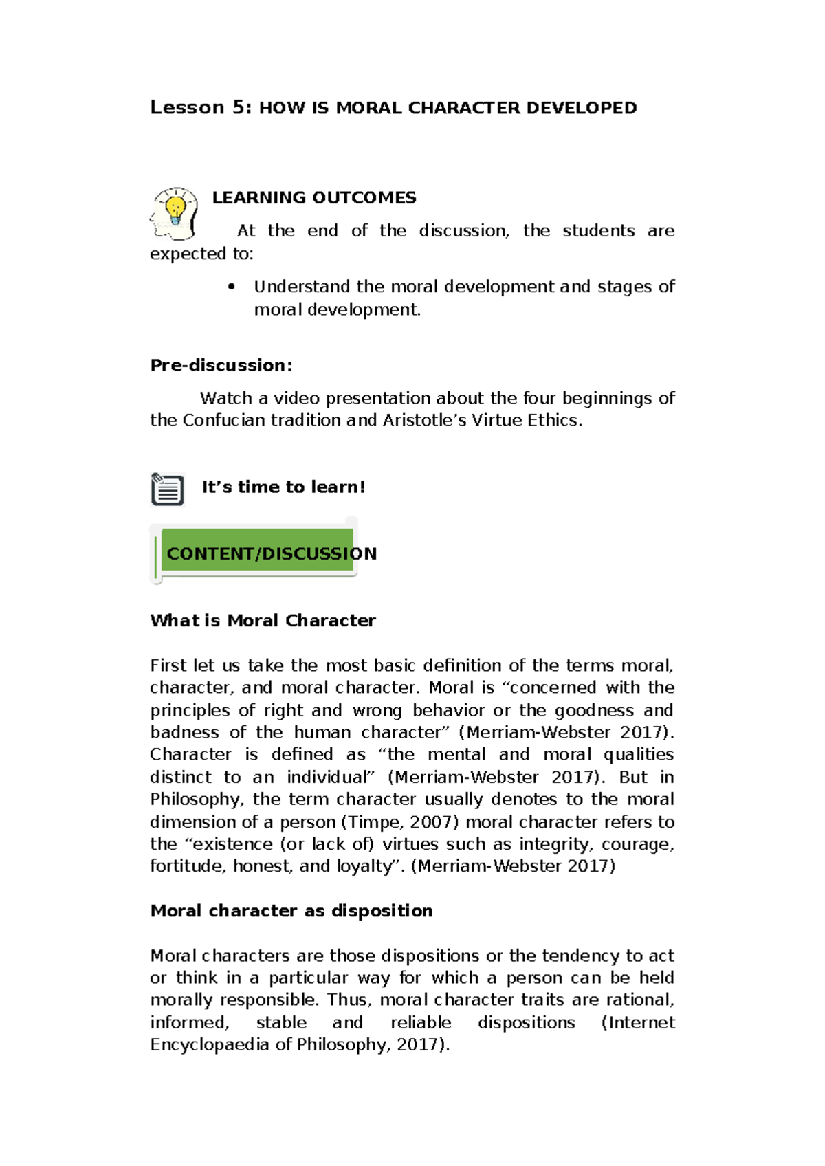 Ethics Chapter 1 Lesson 5 HOW IS Moral Character Developed - Lesson 5 ...