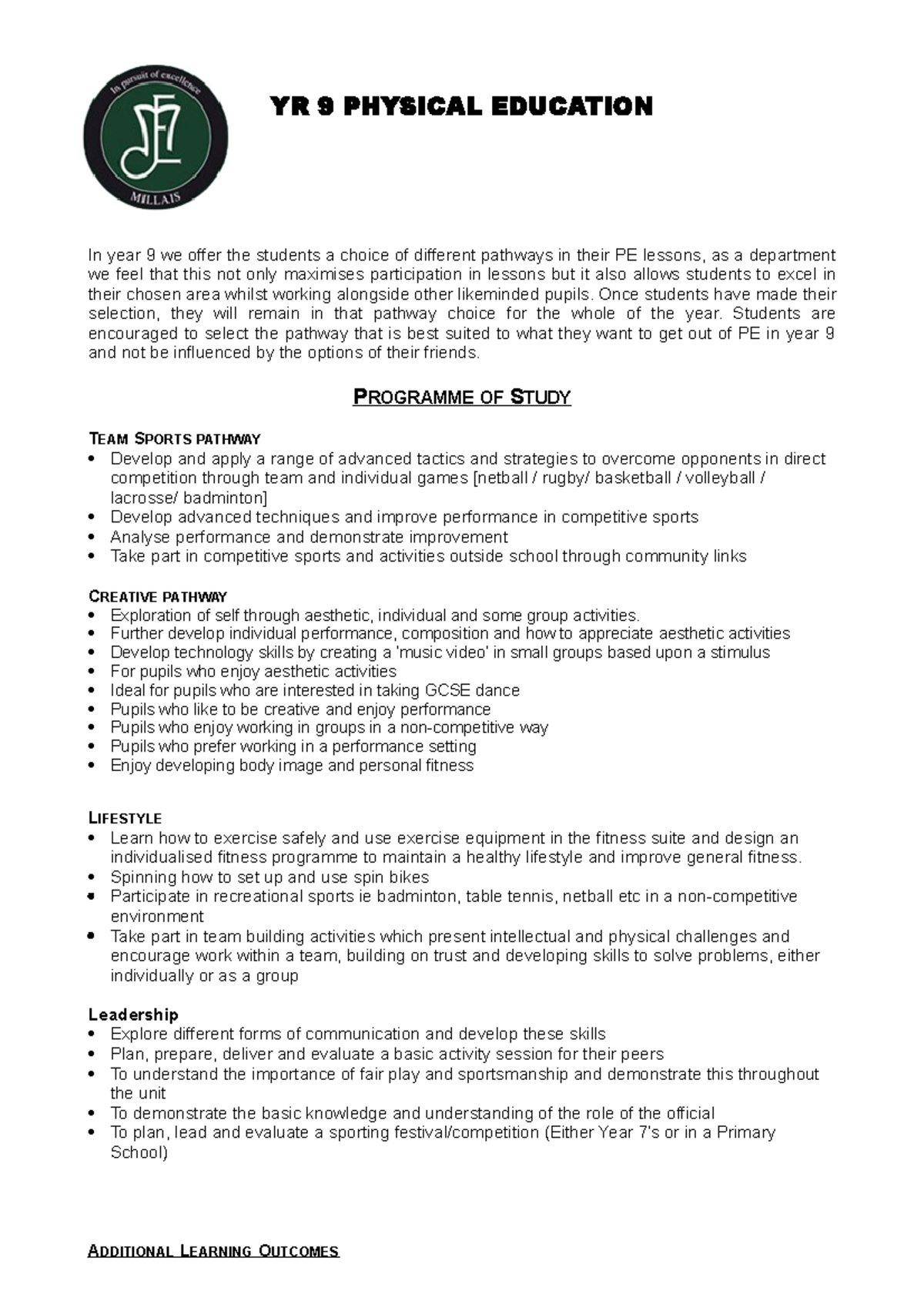 Y9 PE Autumn 2018-2019 - UOUTGH - YR 9 PHYSICAL EDUCATION In year 9 we ...