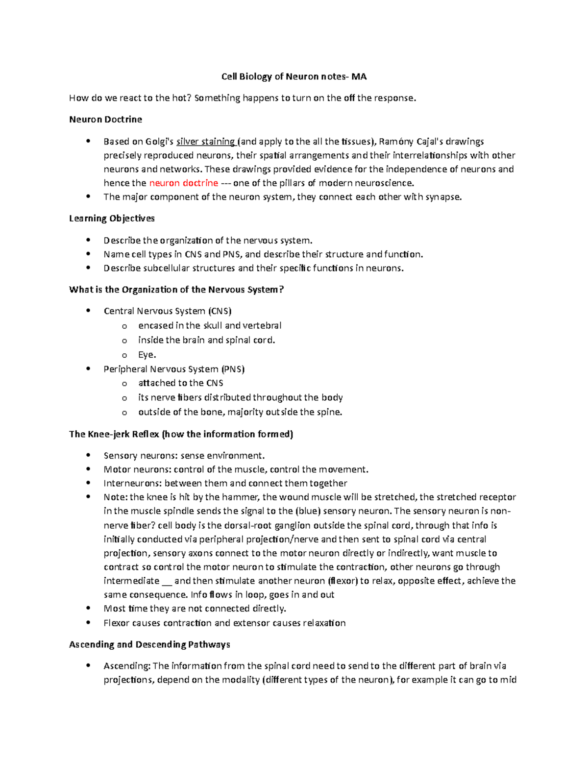 Cell Biology of Neuron notes - Neuron Doctrine Based on Golgi's silver ...