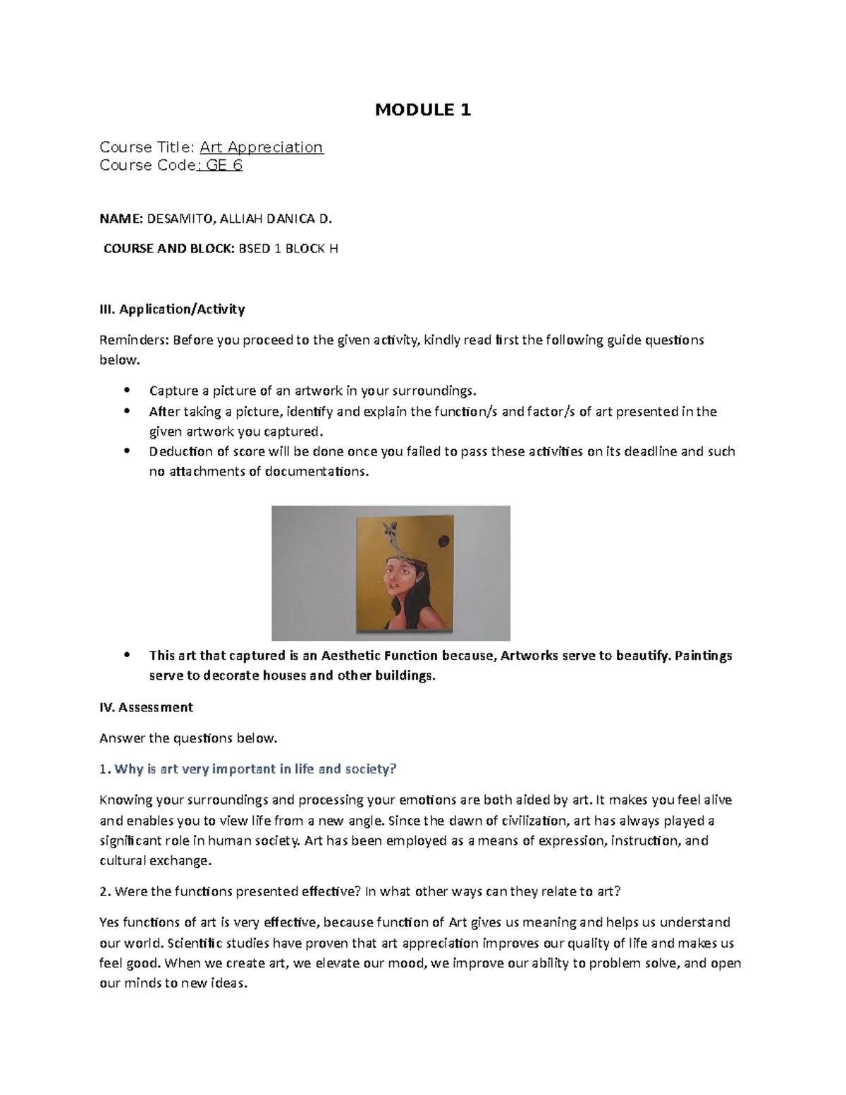 Module 1 - EGRJTDYKTTYJ - MODULE 1 Course Title: Art Appreciation ...