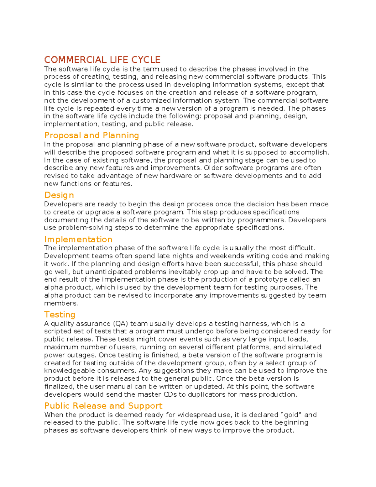 2-Software Cycle - COMMERCIAL LIFE CYCLE The software life cycle is the ...