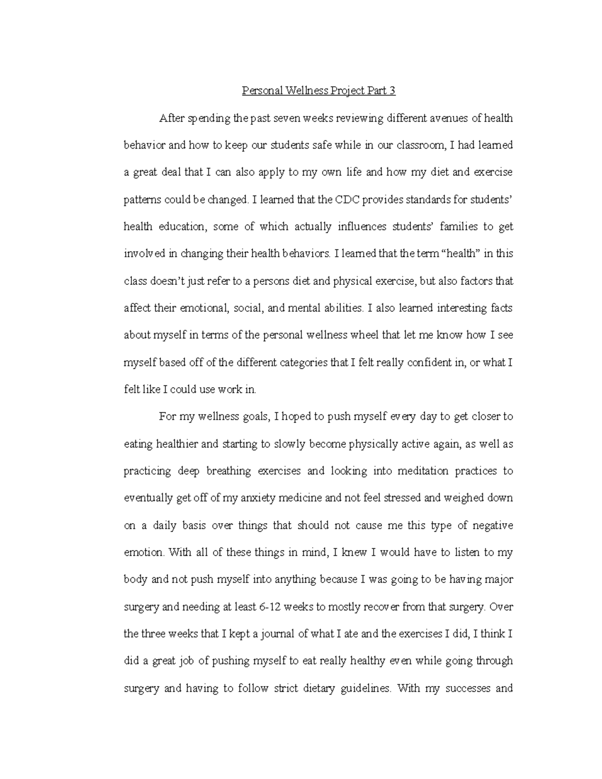 Eduu 513 personal wellness project part 3 - Personal Wellness Project ...