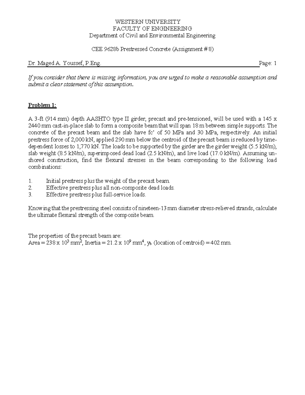 Assignment 8 - WESTERN UNIVERSITY FACULTY OF ENGINEERING Department of ...