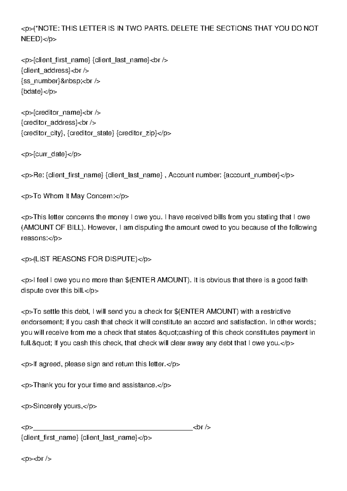 Cashed Check Constitutes Payment in Full - (*NOTE: THIS LETTER IS IN ...