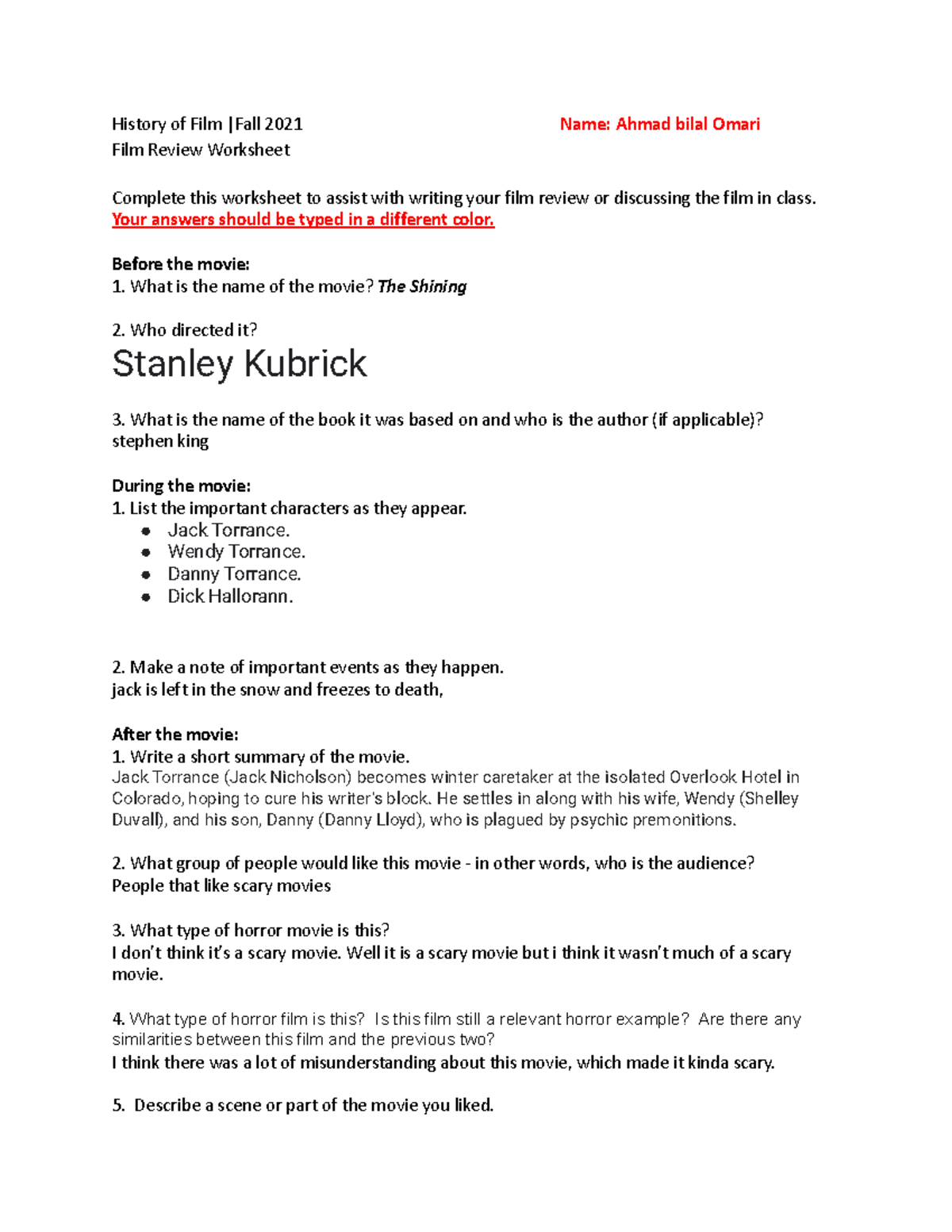 Copy of FILM Film Review Worksheet The Shining - History of Film |Fall ...