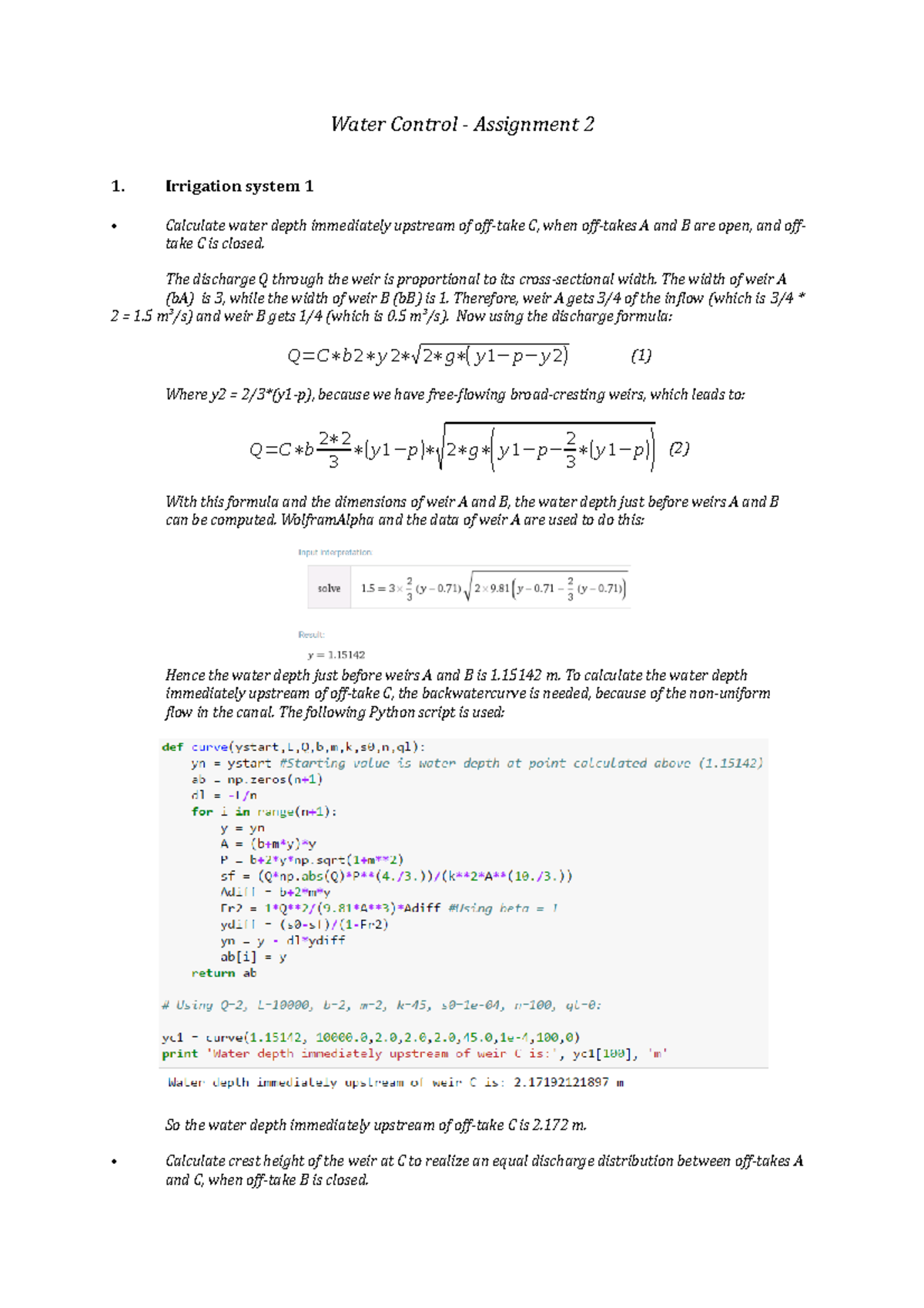 Water Control ass 2 - Water Control Assignment 2 1. Irrigation system 1 ...