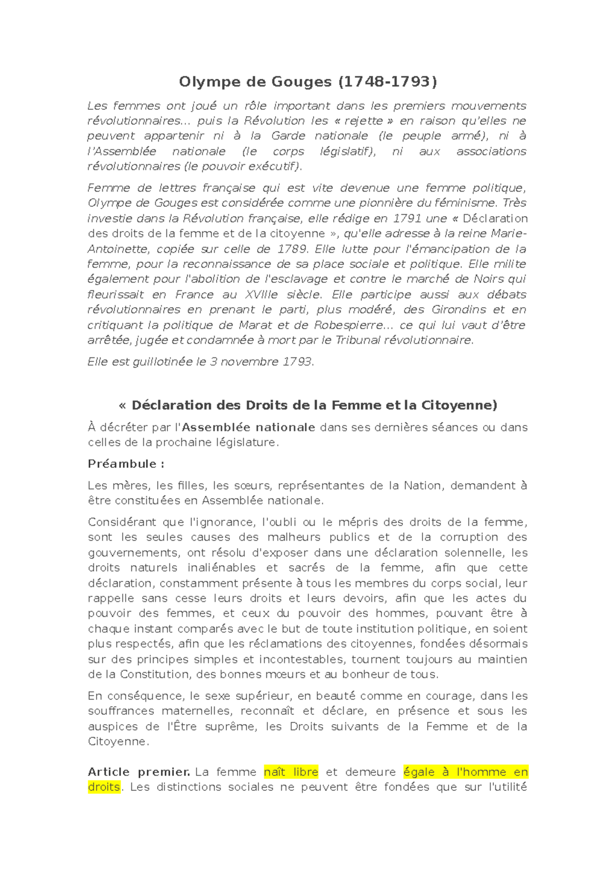 Olympe de Gouges, Déclaration des Droits de la Femme et la Citoyenne ...