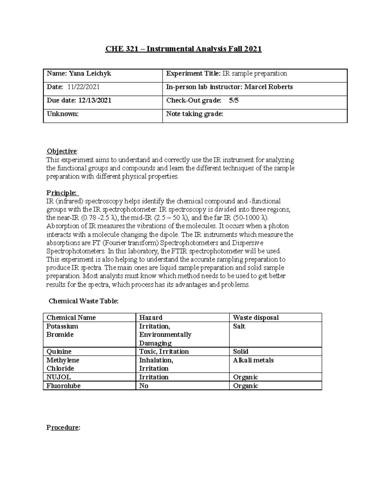 IR Sample Yana Leichyk Lab report - CHE 321 – Instrumental Analysis ...