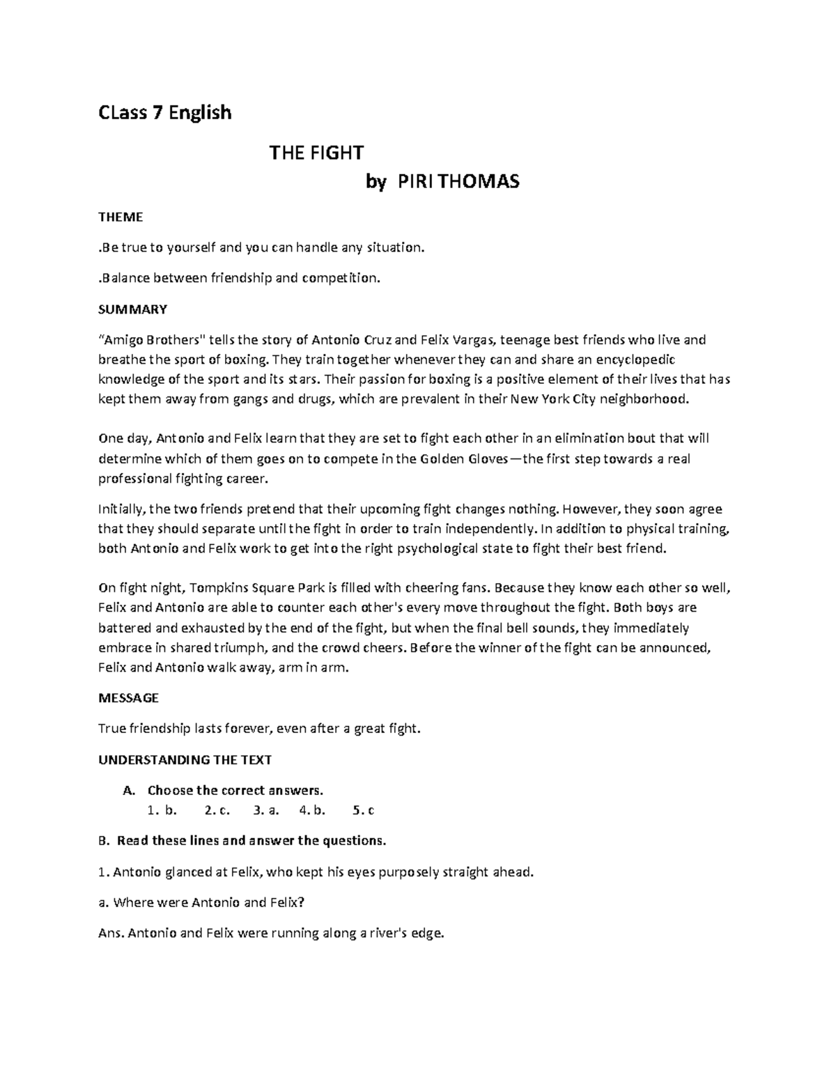 Std VII Class Note English 2021 22 - CLass 7 English THE FIGHT by PIRI ...