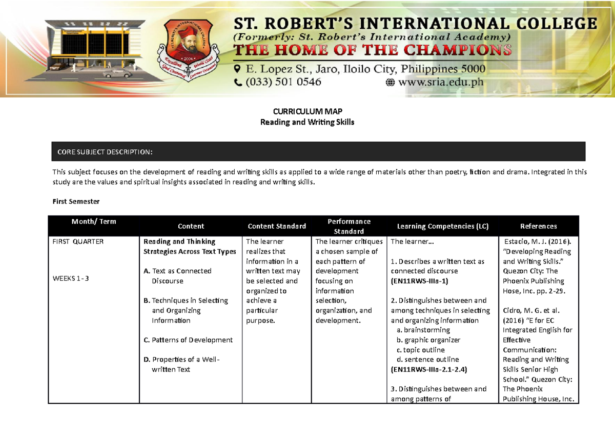 Reading& Writing- Curriculum MAP-BY CRIS Lariosa - CURRICULUM MAP ...