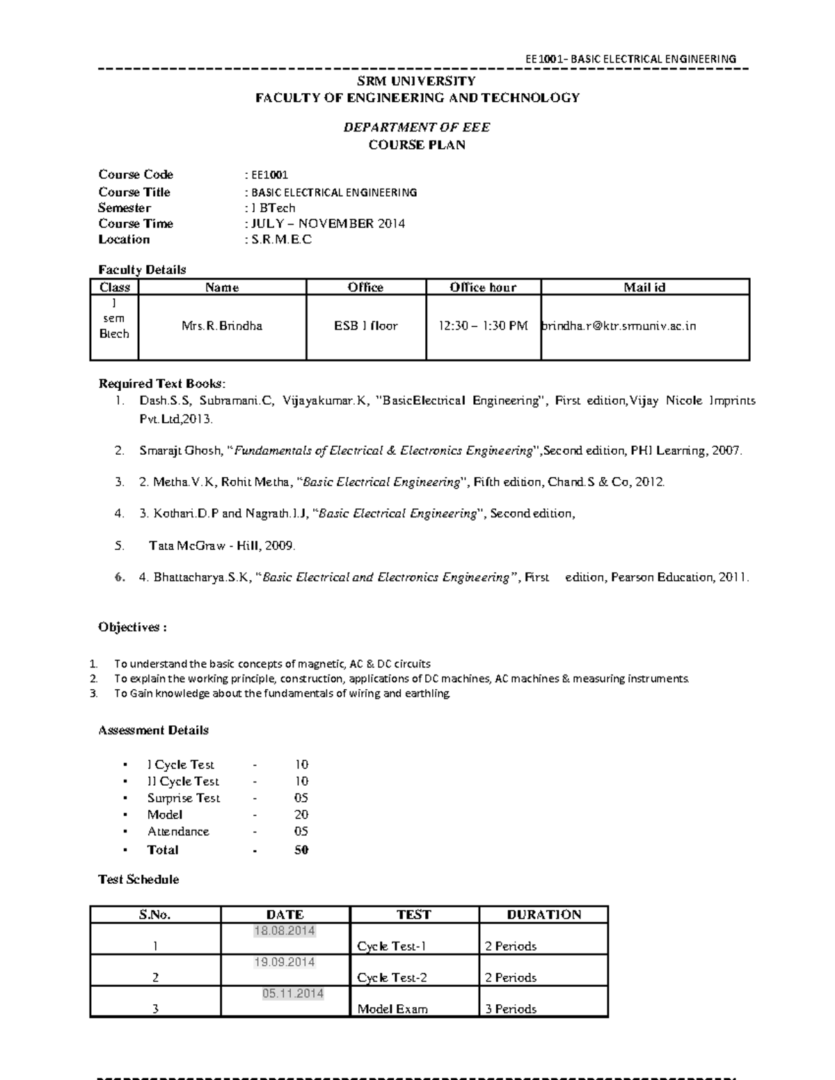 Ee1001 basic electrical engineering - EE1001- BASIC ELECTRICAL ENGINEERING SRM UNIVERSITY ...