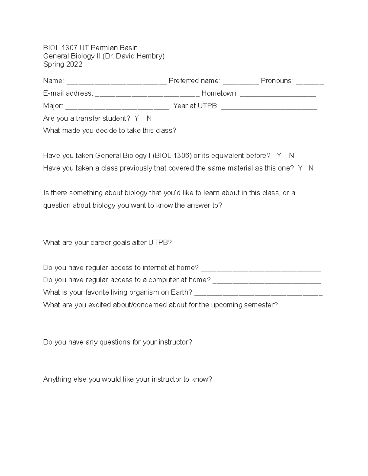 BIOL 1307 Worksheet 1-1 - BIOL 1307 UT Permian Basin General Biology II ...