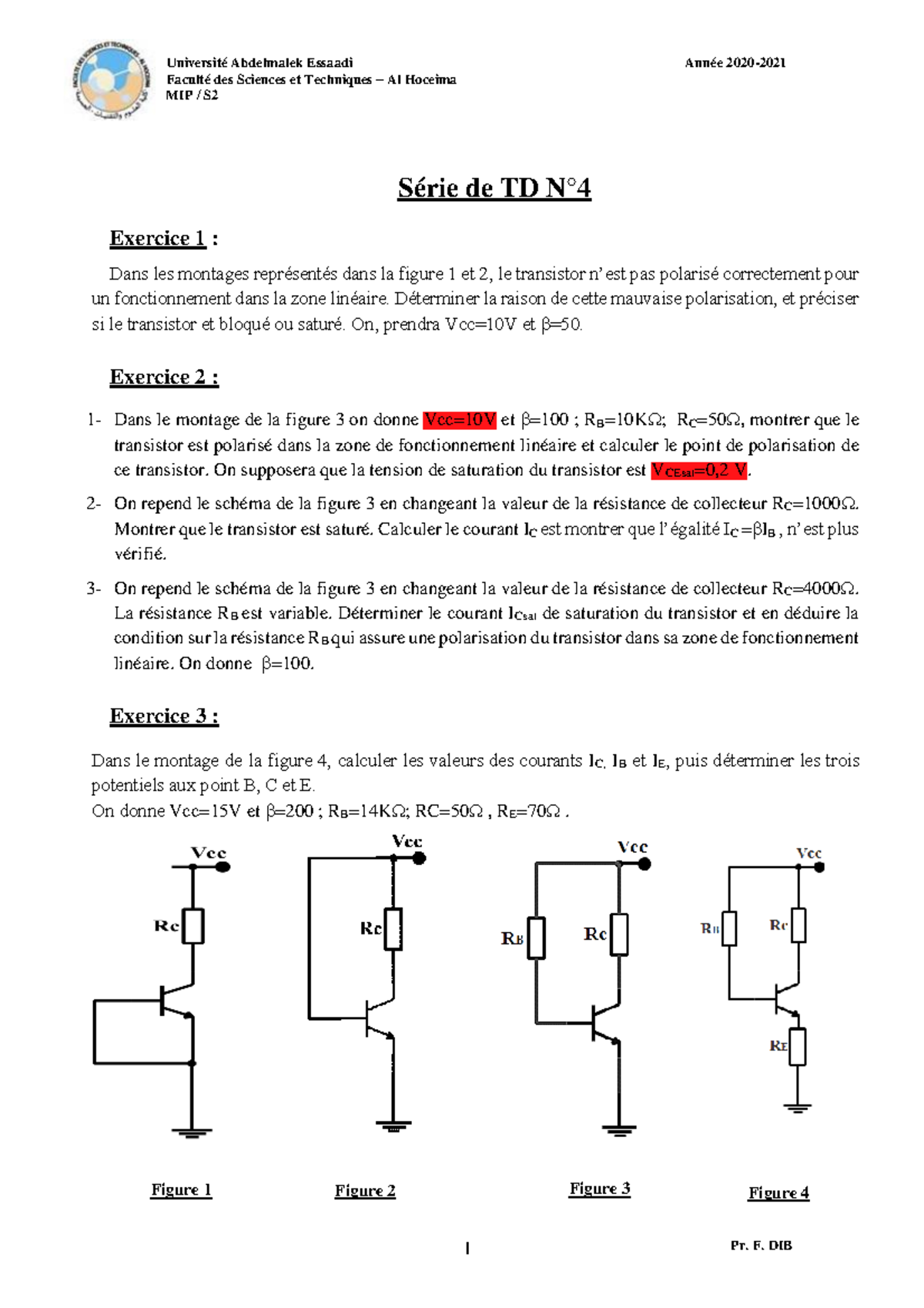 TD N°4 - Circuits Electriques et Electroniques - Université Abdelmalek Essaadi Faculté des ...