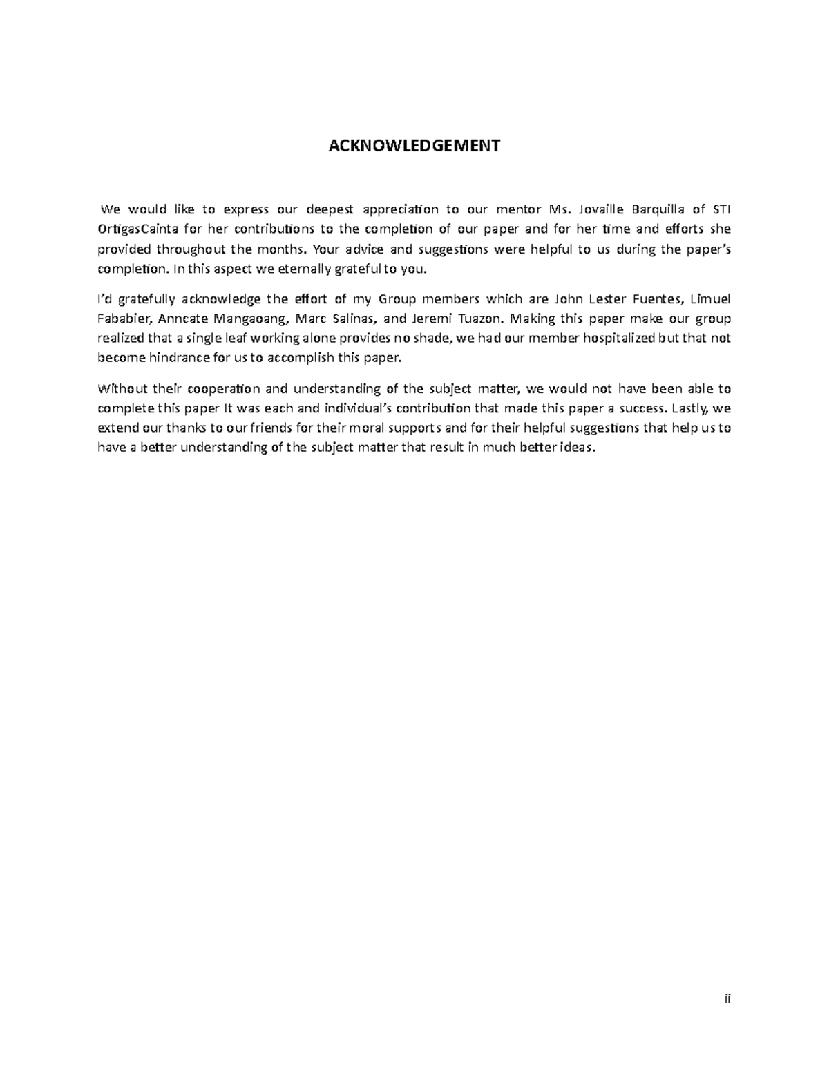 Acknowledgement THM - basta makakatulong - ii ACKNOWLEDGEMENT We would ...