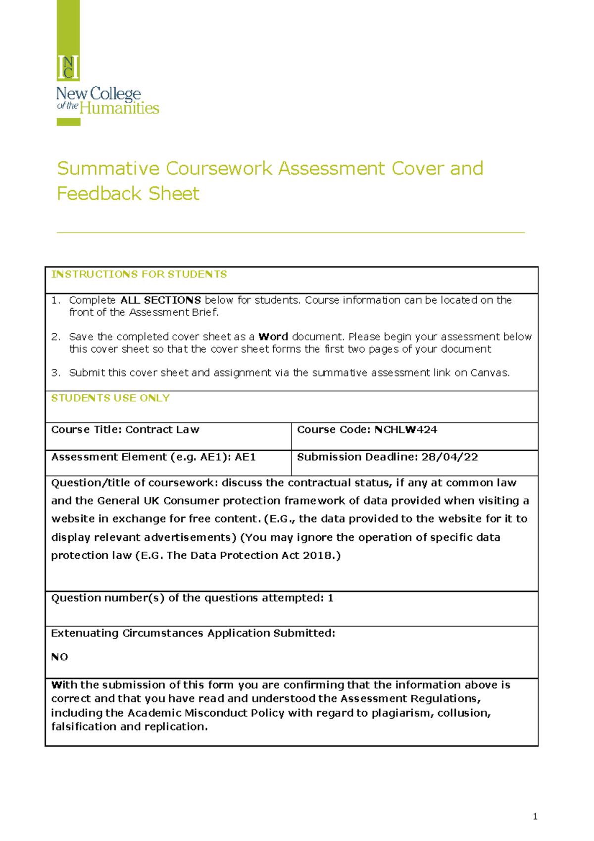 Contract Essay 2022 - Summative Coursework Assessment Cover and Feedback Sheet - Studocu