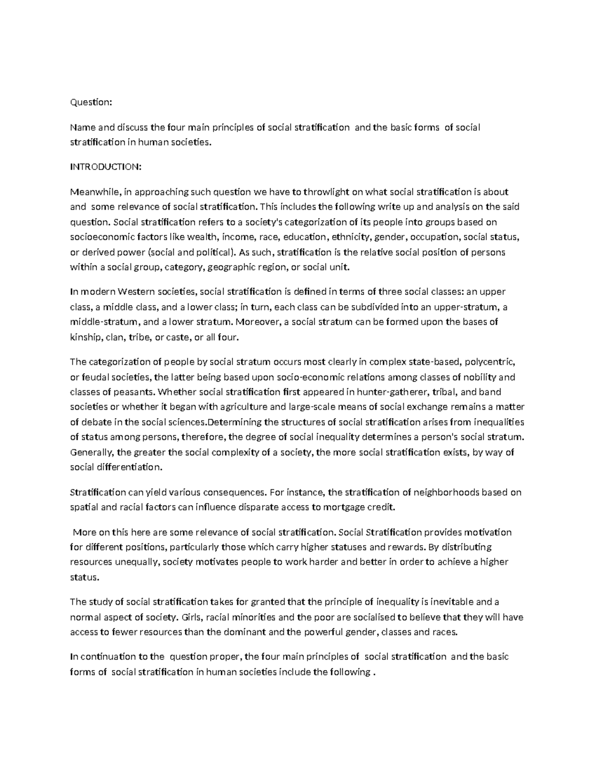 Social Stratification - INTRODUCTION: Meanwhile, in approaching such question we have to ...