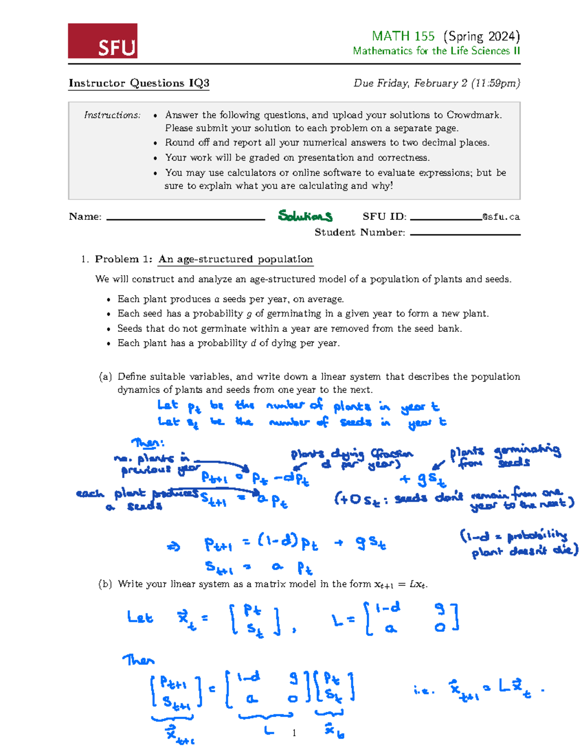IQ3 Solution math 155 - MATH 155 (Spring 2024) Mathematics for the Life ...