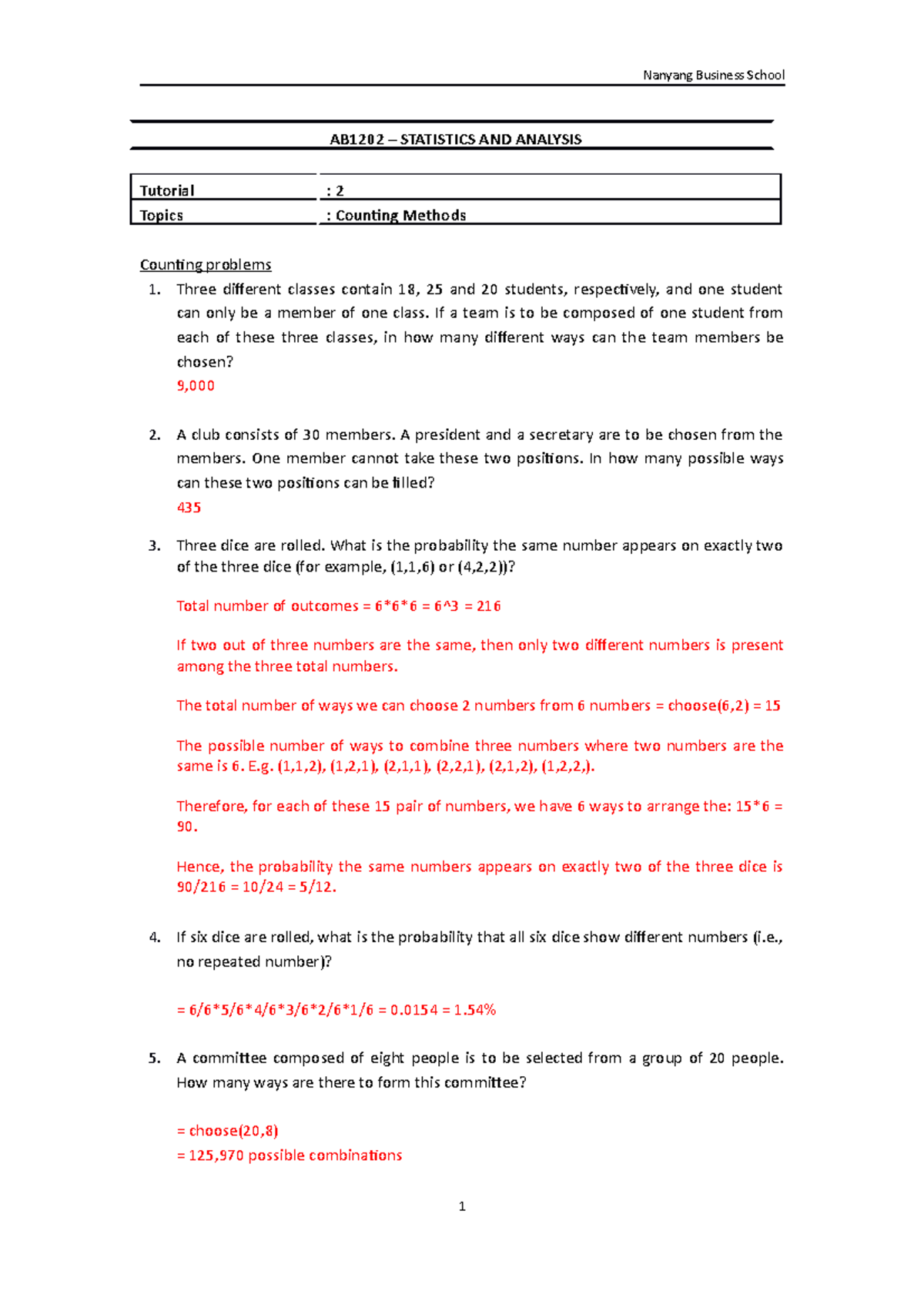 Tutorial Week 2 Answers - AB1202 – STATISTICS AND ANALYSIS Tutorial : 2 ...