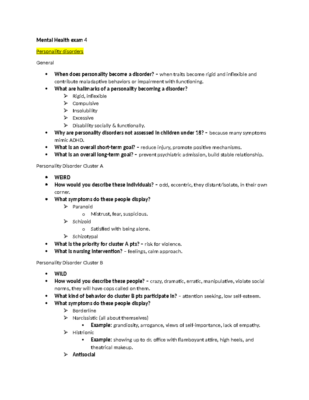 Mental health exam 4 - study guide - Mental Health exam 4 Personality ...