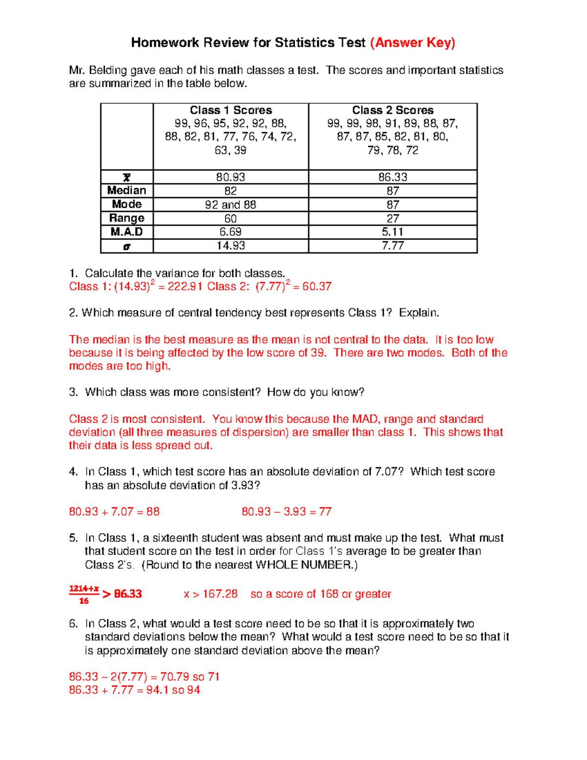 HW Stats Review Answer Key - Homework Review for Statistics Test ...