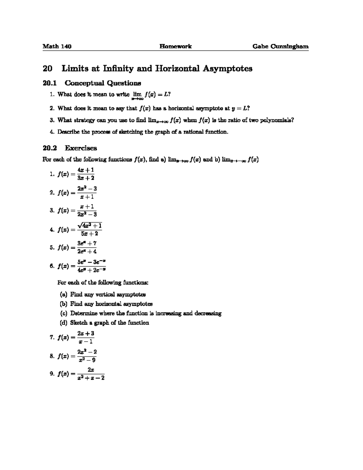 Calc 1 HW Week 10 - Gabe Cunningham - Math 140 Homework Gabe Cunningham ...