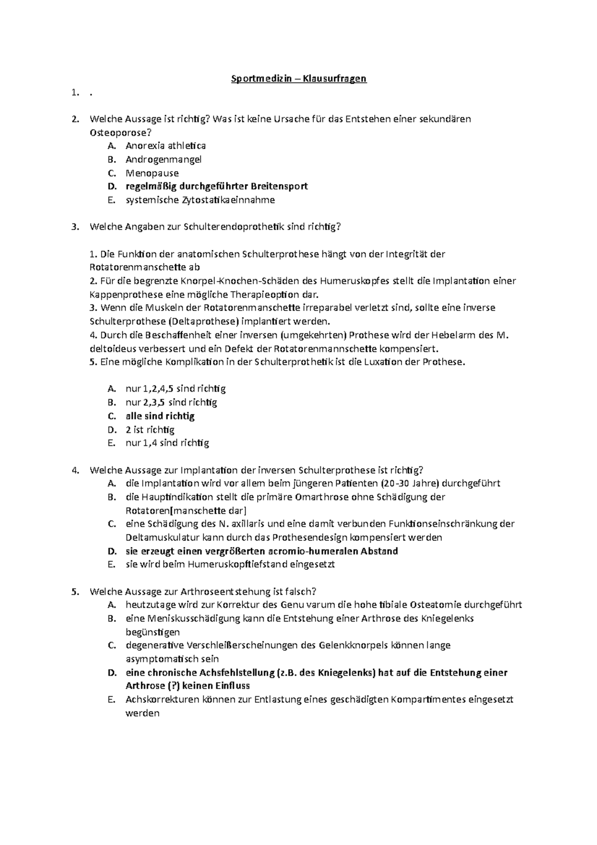 Klausur Sommersemester 2015, Fragen und Antworten - Sportmedizin Klausurfragen 1. . 2. Welche ...