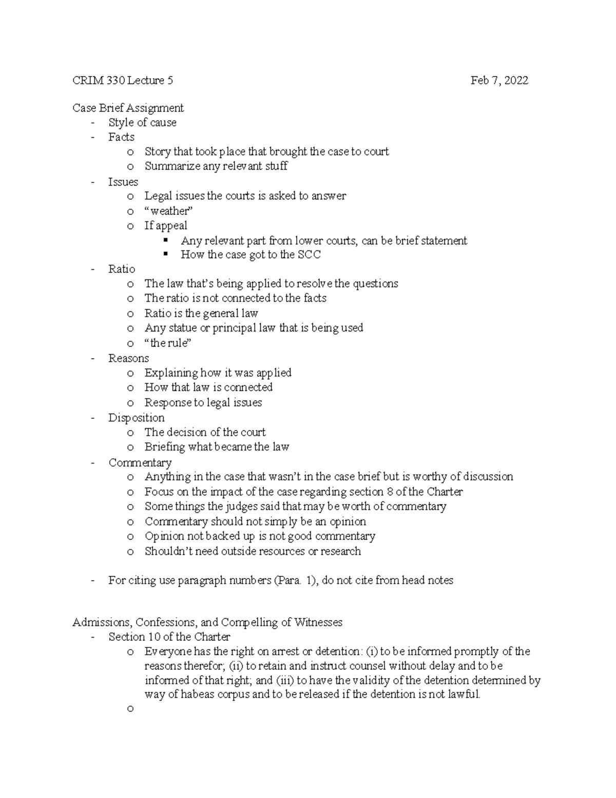 CRIM 330 Lecture 5 - CRIM 330 Lecture 5 Feb 7, 2022 Case Brief ...