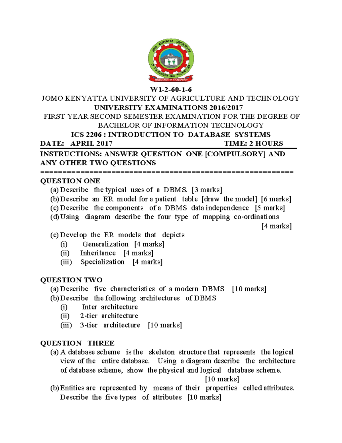 ICS 2206 Introduction TO Database Systems - W1-2-60-1- JOMO KENYATTA ...