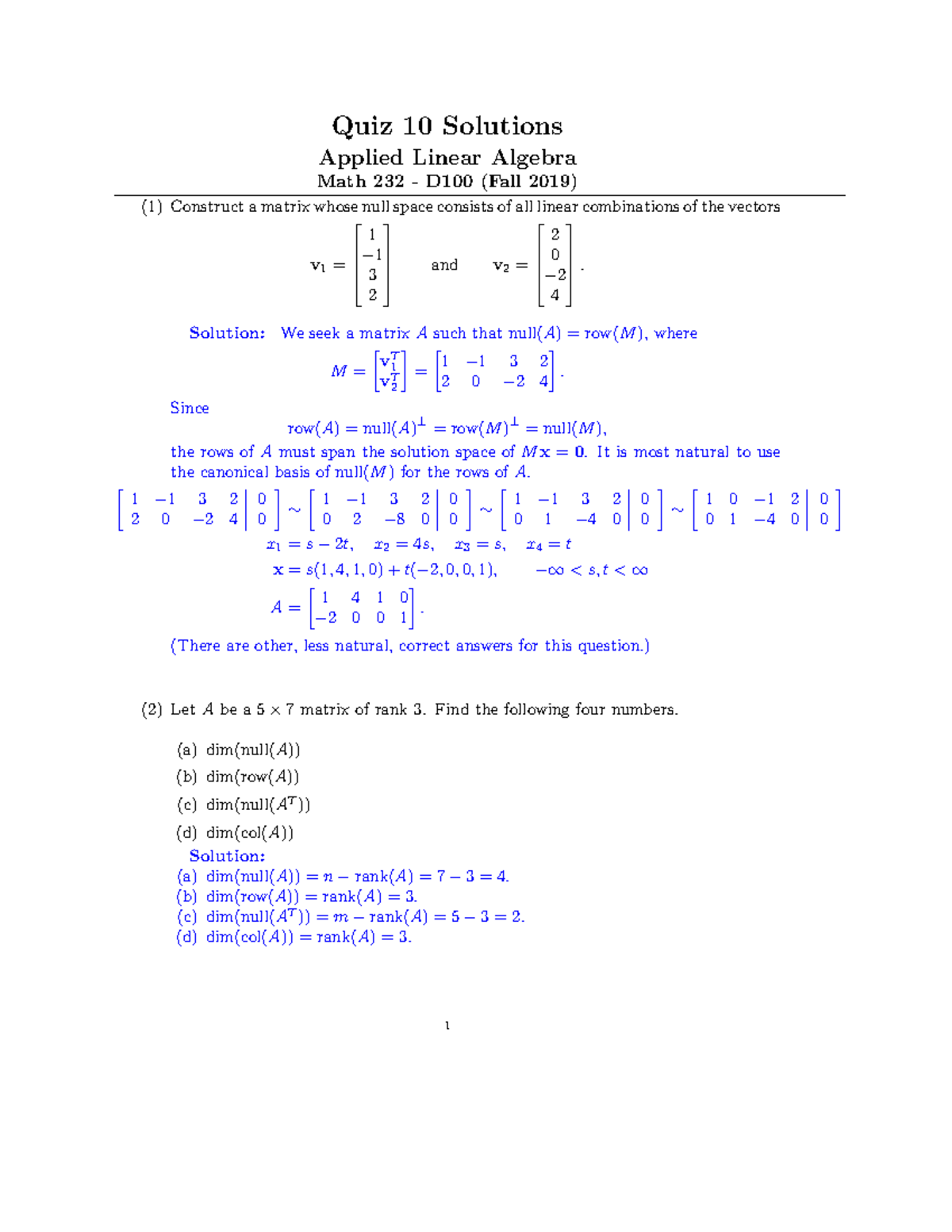232q10sol - Quiz 10 Solutions Applied Linear Algebra Math 232 - D100 ...