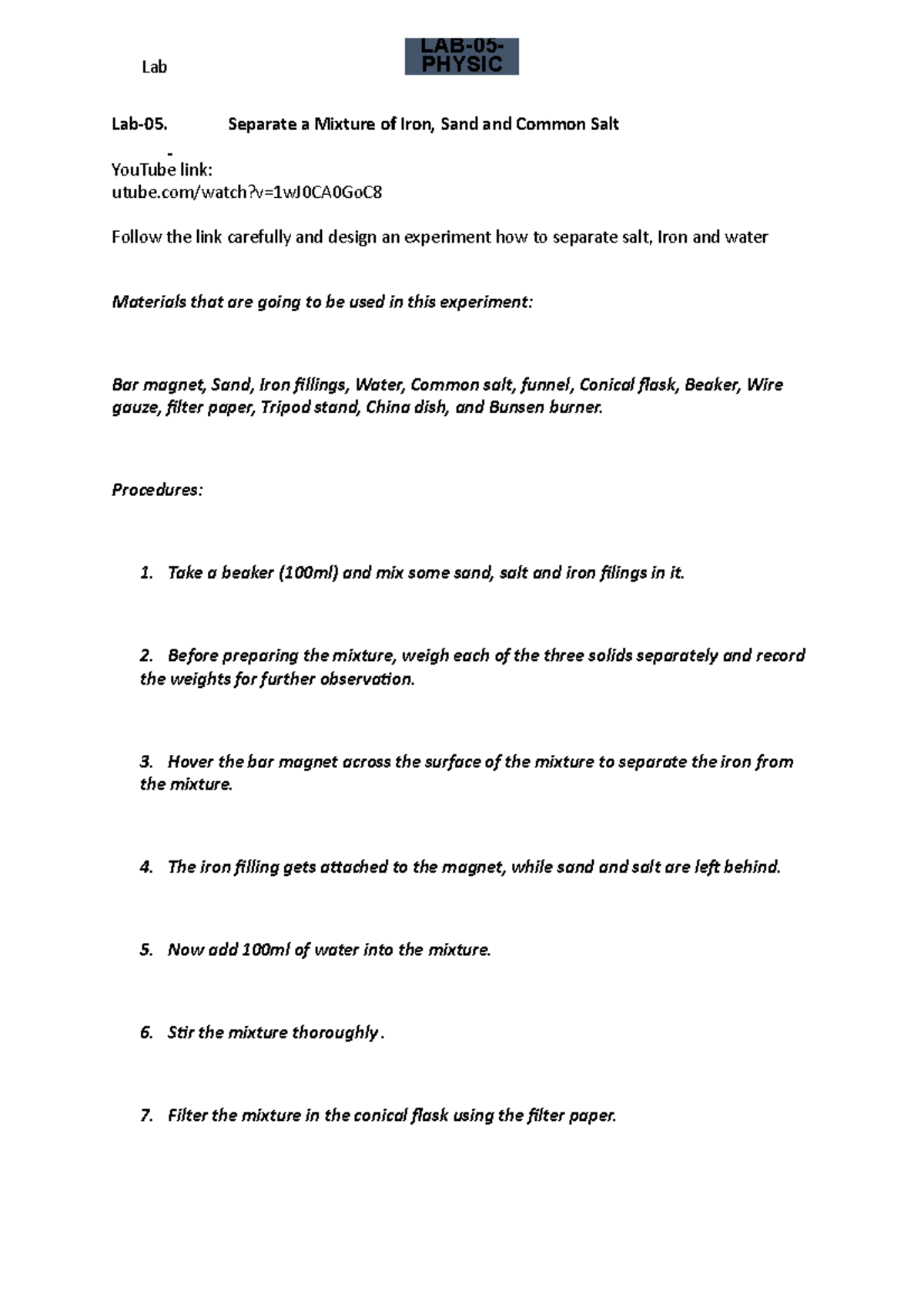 Lab-05 Separate a Mixture of Iron, Sand and Common Salt - Lab Lab-05 ...