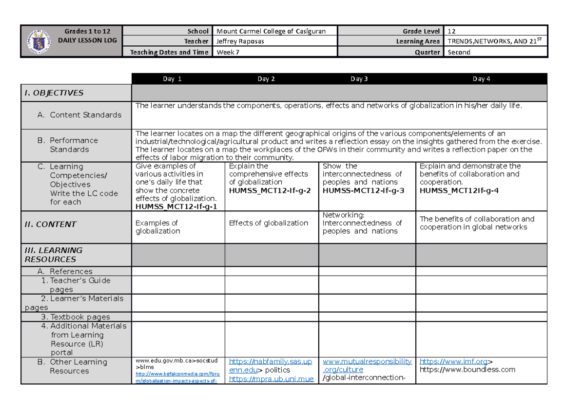 DLP Trends Week 7 - Globalization - Grades 1 to 12 DAILY LESSON LOG ...