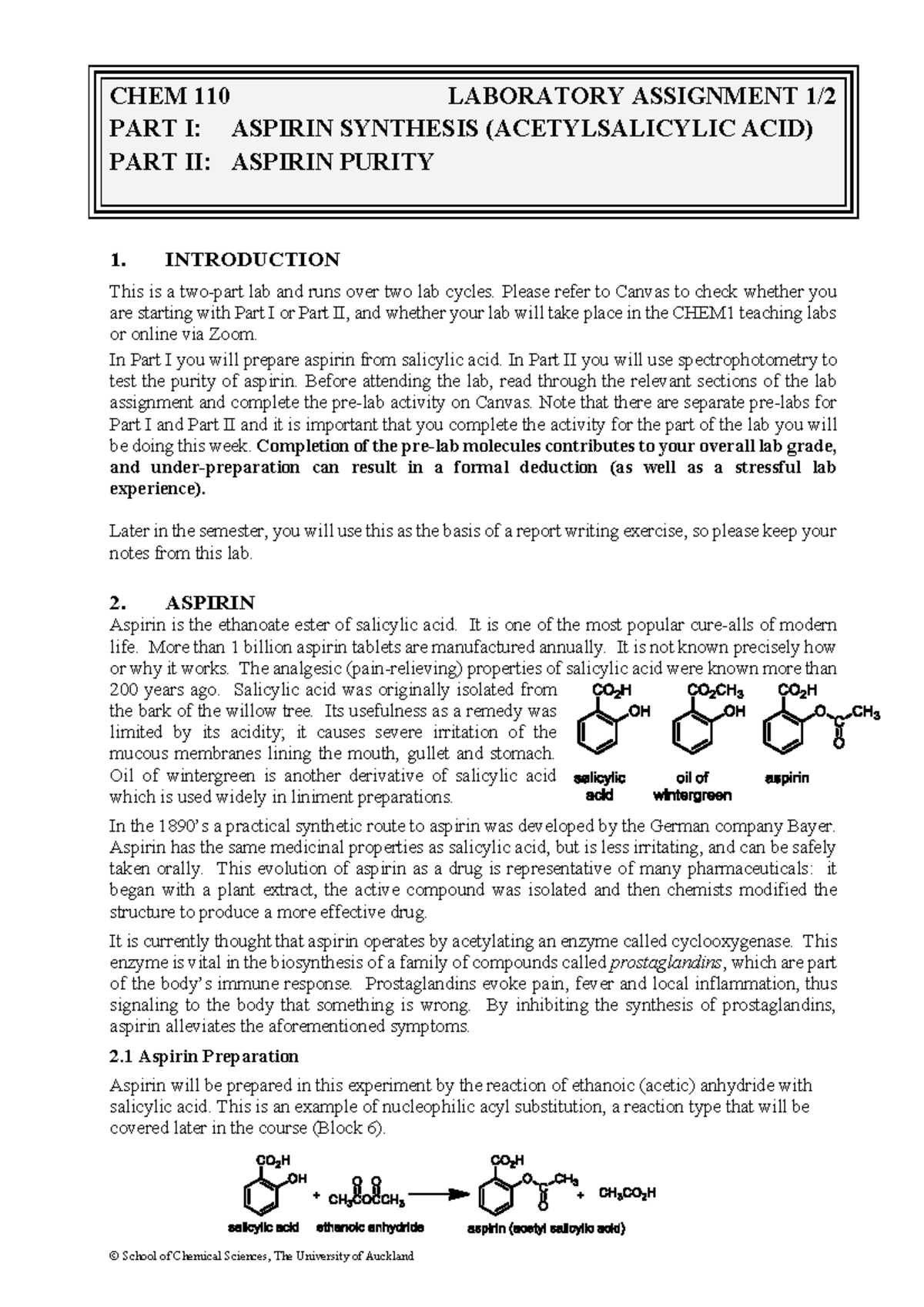2022 Aspirin Lab - Online - CHEM 110 LABORATORY ASSIGNMENT 1/ PART I: ASPIRIN SYNTHESIS - Studocu