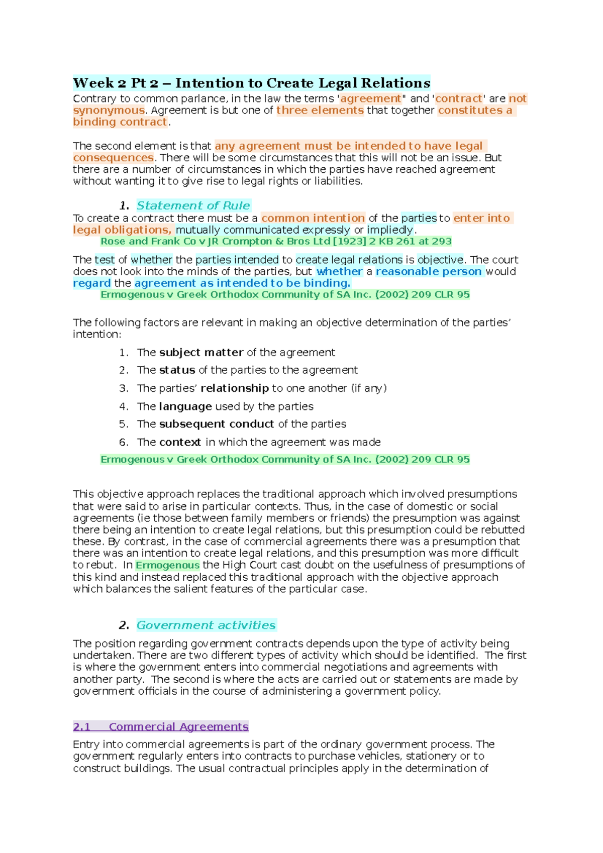 Week 2 Pt 2 - Intention to Create Legal Relations - Week 2 Pt 2 ...