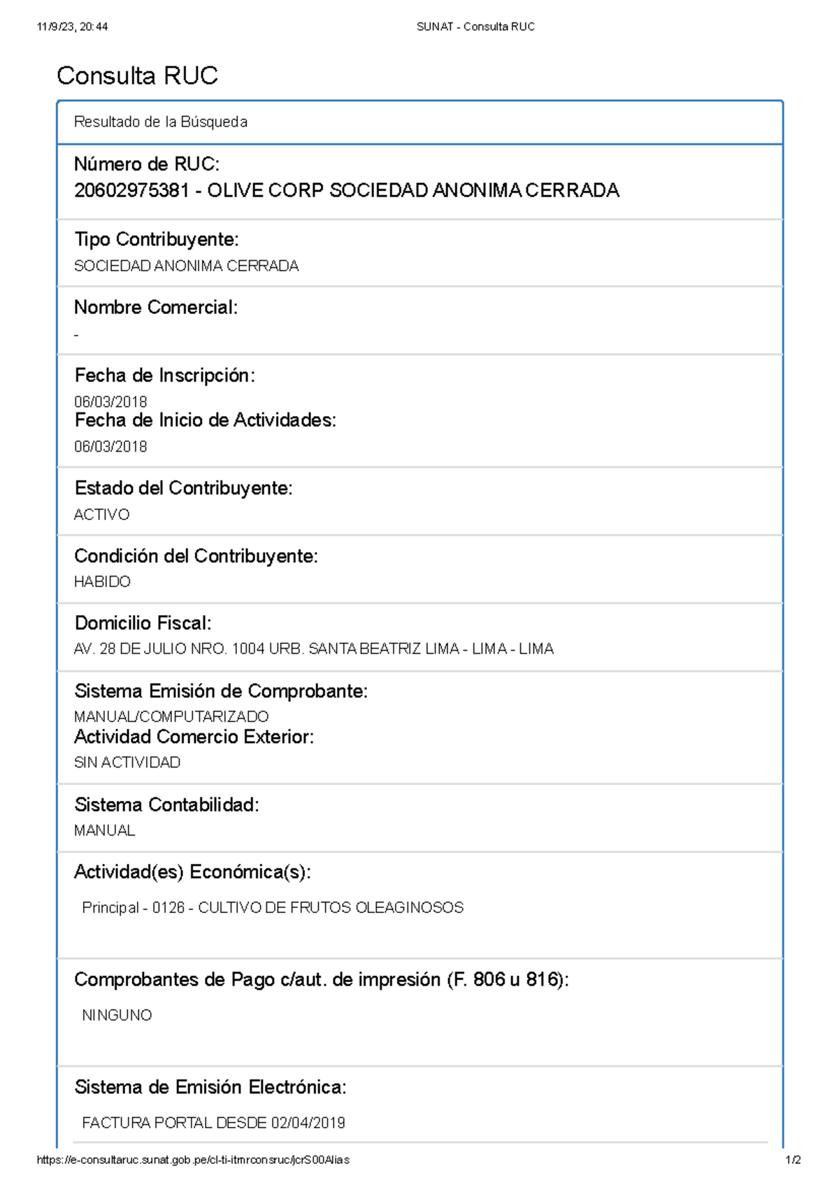 Sunat - Consulta RUC Olive CORP - 11/9/23, 20:44 SUNAT - Consulta RUC ...