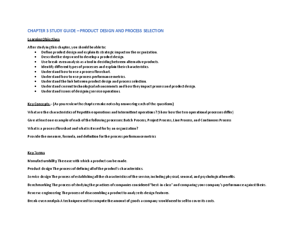 Chapter 3 - Study Guide - CHAPTER 3 STUDY GUIDE – PRODUCT DESIGN AND ...