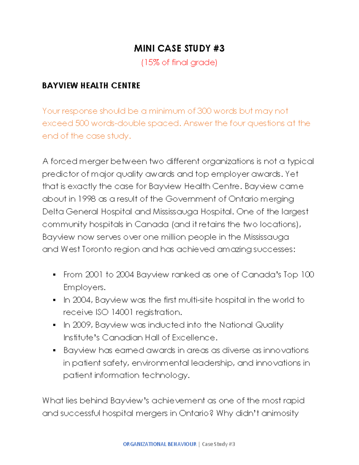 OB Case Study #3 - Details for assignments - MINI CASE STUDY (15% of final grade) BAYVIEW HEALTH ...