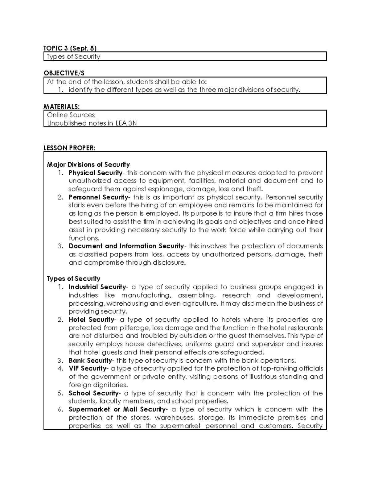 secience of the aorl - TOPIC 3 (Sept. 8) Types of Security OBJECTIVE/S ...