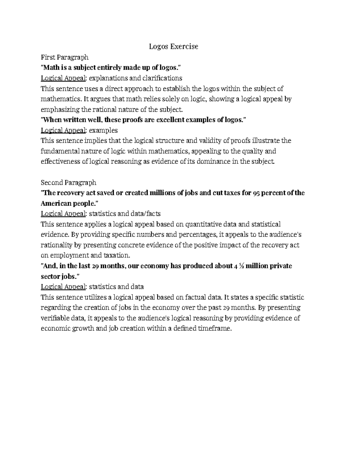 Logos Exercise - Logos Exercise First Paragraph "Math is a subject ...
