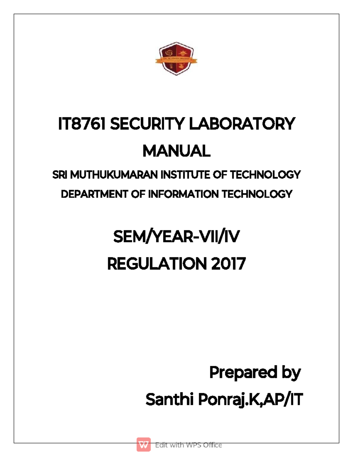 Security Laboratory Manual 15022024 - IT8761 SECURITY LABORATORY MANUAL SRI MUTHUKUMARAN ...